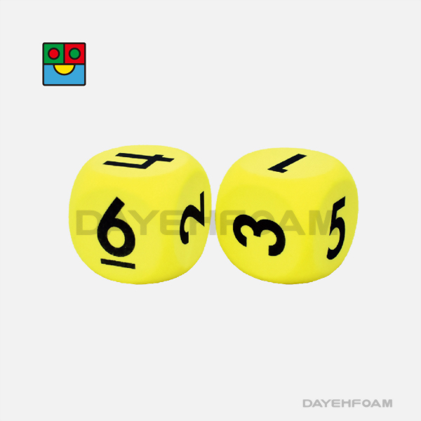 EVA Foam Number Dice 50mm (2inch) Yellow Curved Edges Numbers 1- 6