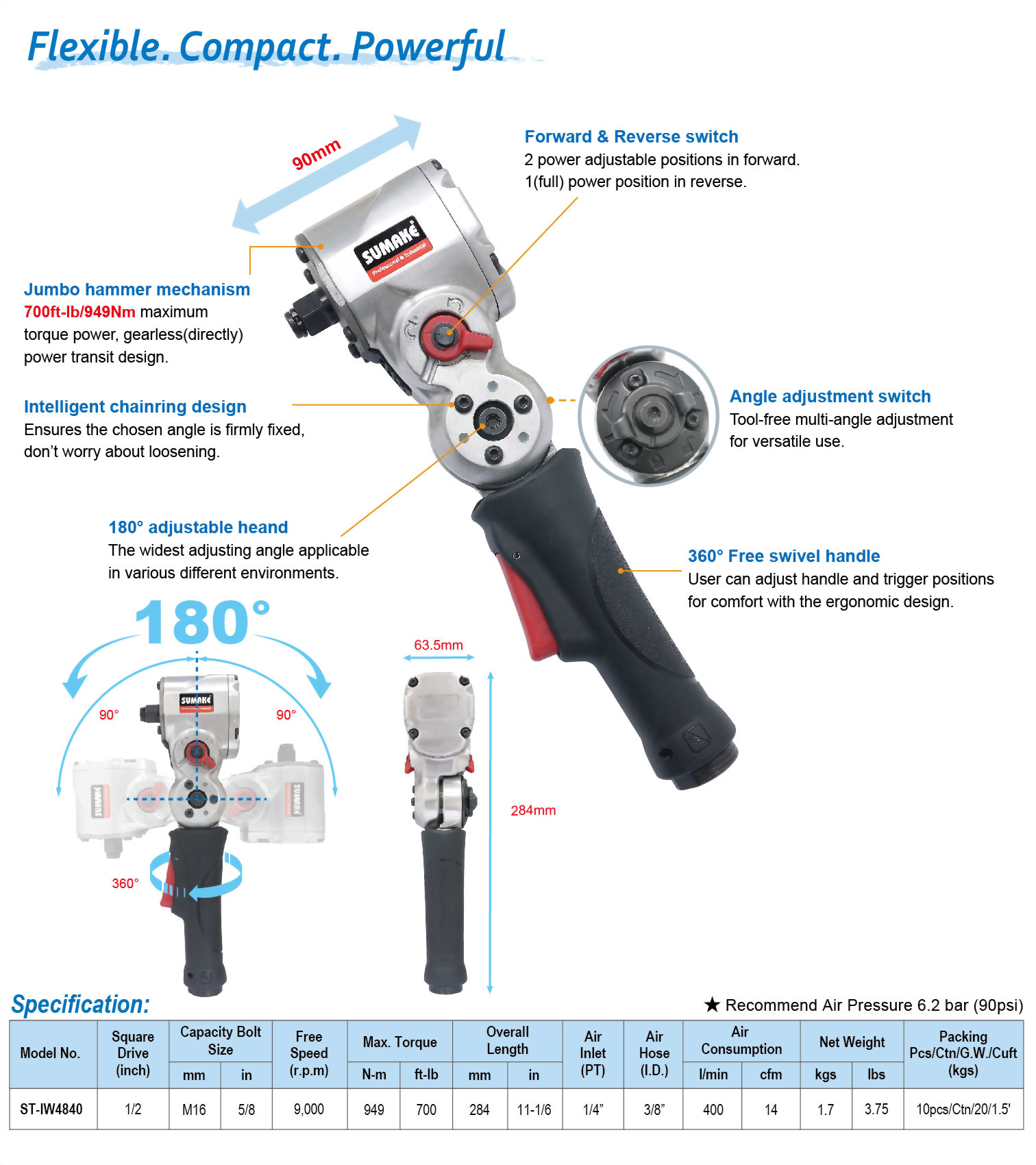 Industrial Adjustable Angle Air Impact Wrench (Gearless)