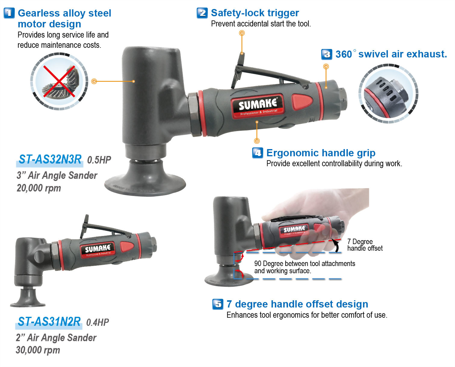 7 Degree Handle Offset Air Angle Sander
