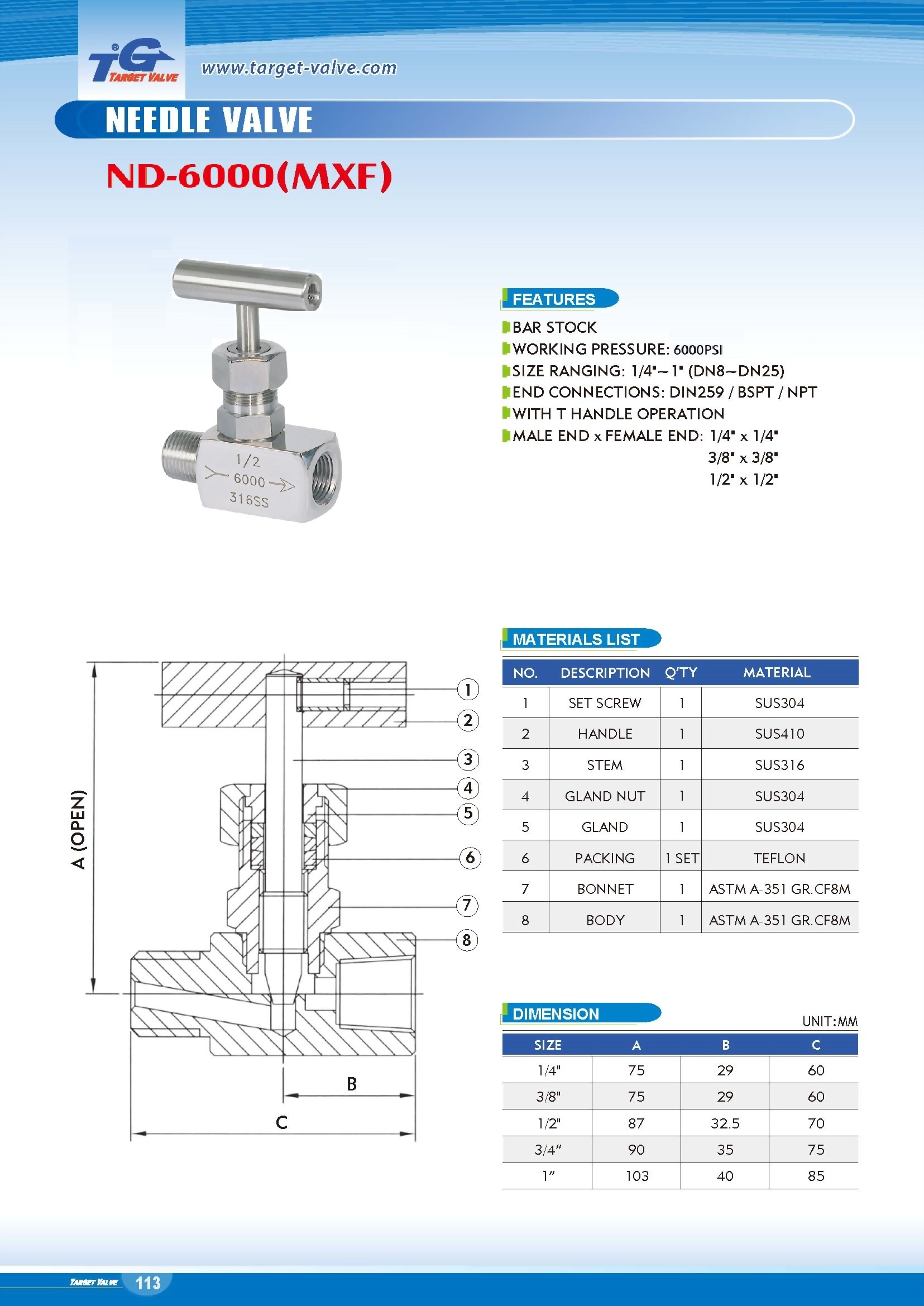 NEEDLE VALVE - ND-6000 (M x F) - YUENG SHING INDUSTRIAL