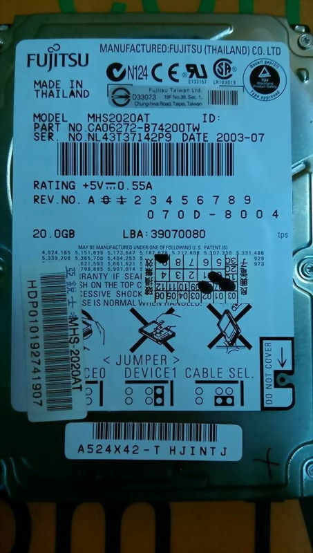 FUJITSU HARD DISK DRIVE 20GB 2.5" MHS2020AT