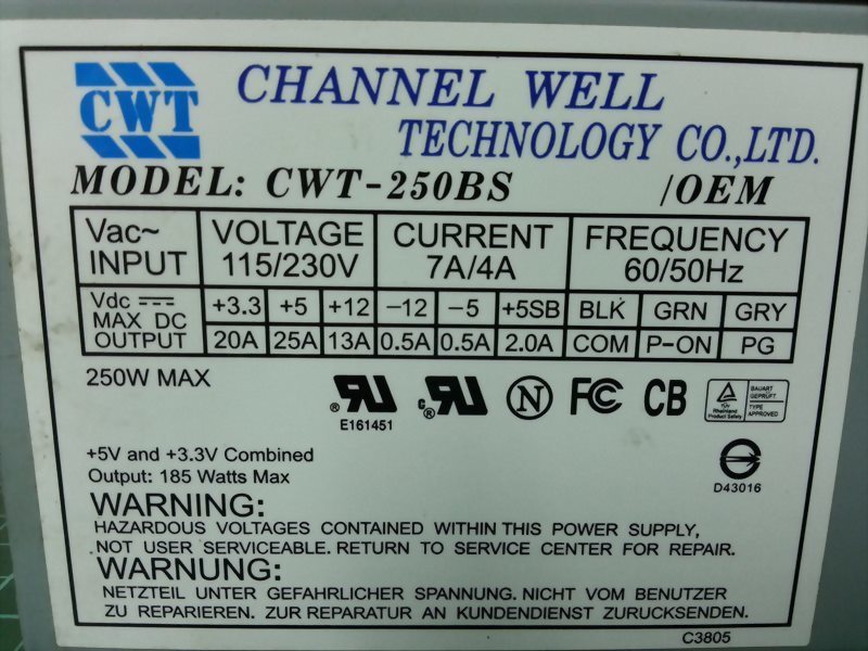 CHANNEL WELL TECHNOLOGY CWT-250BS /OEM POWER SUPPLY