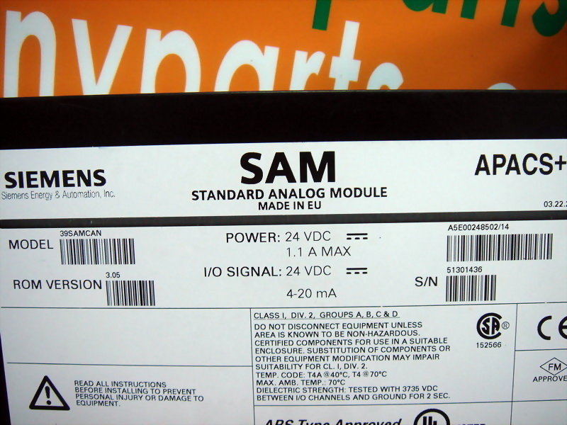 SIEMENS SAM STANDARD ANALOG MODULE APACS+ MODEL: 39SAMCAN A5E00248502/14
