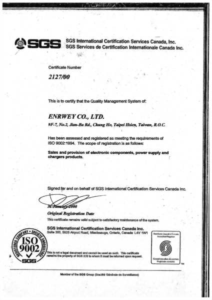 EnrWey obtained Taiwan ISO 9002 certification